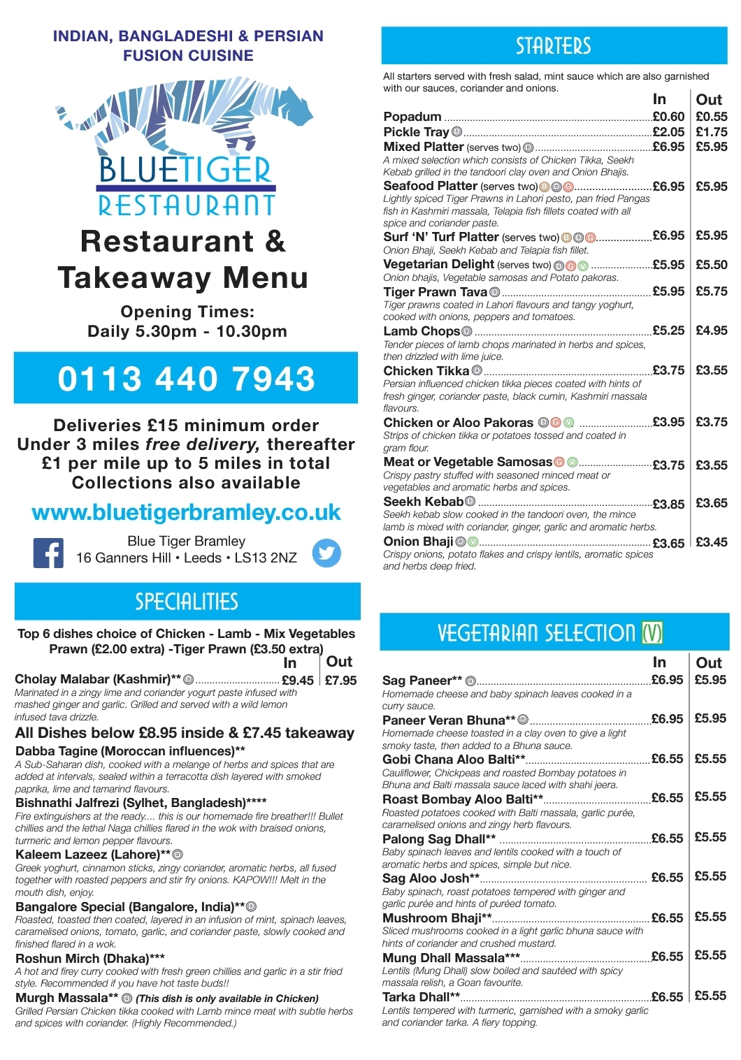 Menu - Blue Tiger Restaurant, Bramley Get 10% off on online orders.