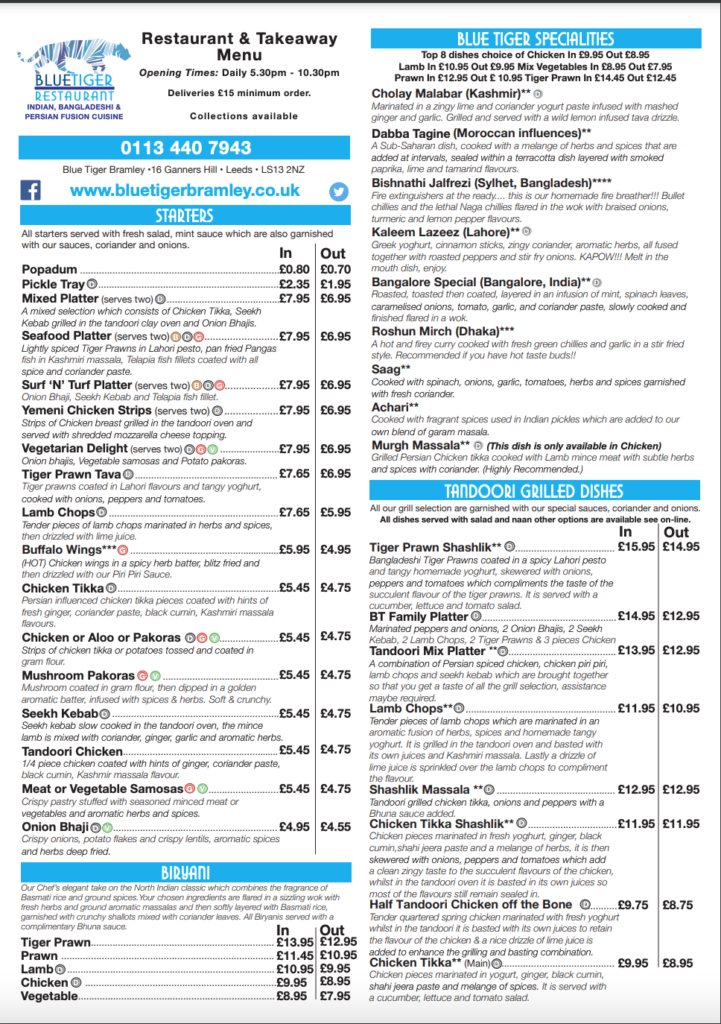 Menu - Blue Tiger Restaurant, Bramley Get 10% off on online orders.
